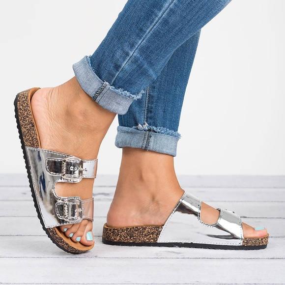 SunnyMia | Shoes | Double Buckle Slide Sandals Metallic Silver | Poshmark